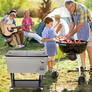 80 Quart Rolling Drink Cooler Ice Bin Chest on Wheels, Portable Patio Party Bar Cart with Shelf and Bottle Opener, Gray