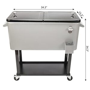 80 Quart Rolling Drink Cooler Ice Bin Chest on Wheels, Portable Patio Party Bar Cart with Shelf and Bottle Opener, Gray