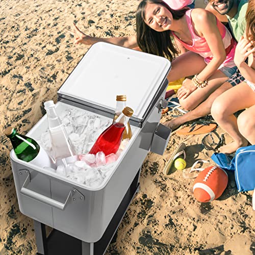 80 Quart Rolling Drink Cooler Ice Bin Chest on Wheels, Portable Patio Party Bar Cart with Shelf and Bottle Opener, Gray