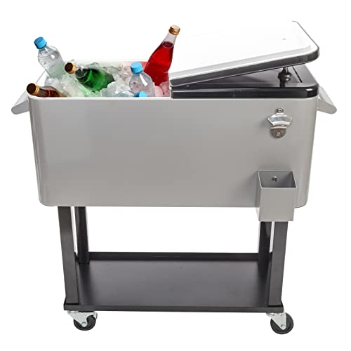 80 Quart Rolling Drink Cooler Ice Bin Chest on Wheels, Portable Patio Party Bar Cart with Shelf and Bottle Opener, Gray