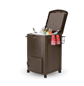 suncast resin 77 quart wicker-look outdoor patio cooler with wheels, dark brown