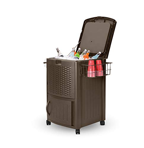 Suncast Resin 77 Quart Wicker-Look Outdoor Patio Cooler with Wheels, Dark Brown