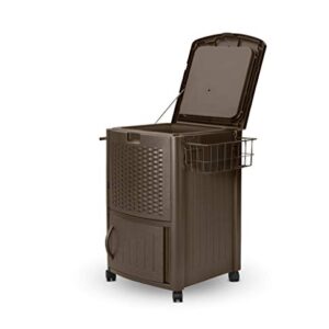 Suncast Resin 77 Quart Wicker-Look Outdoor Patio Cooler with Wheels, Dark Brown