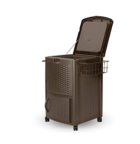 Suncast Resin 77 Quart Wicker-Look Outdoor Patio Cooler with Wheels, Dark Brown