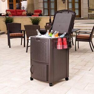 Suncast Resin 77 Quart Wicker-Look Outdoor Patio Cooler with Wheels, Dark Brown