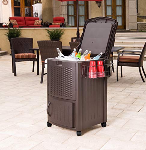 Suncast Resin 77 Quart Wicker-Look Outdoor Patio Cooler with Wheels, Dark Brown