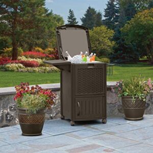 Suncast Resin 77 Quart Wicker-Look Outdoor Patio Cooler with Wheels, Dark Brown