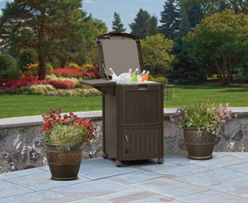 Suncast Resin 77 Quart Wicker-Look Outdoor Patio Cooler with Wheels, Dark Brown