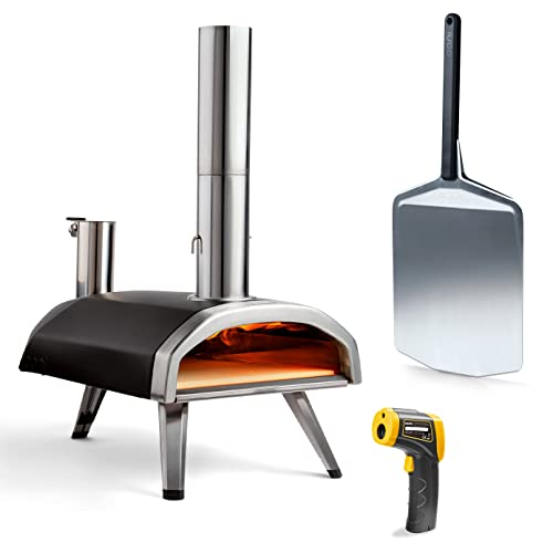 Ooni Fyra 12 Hard Wood Pellet Fired Outdoor Pizza Oven + Ooni 12" Pizza Peel + Ooni Infrared Thermometer - Outdoor Kitchen Pizza Making Oven Bundle