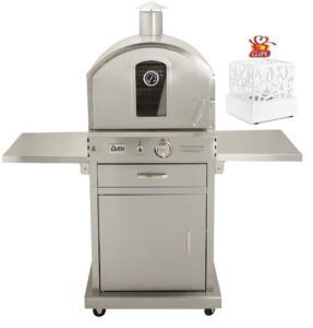 ams fireplace summerset freestanding pizza oven | large capacity propane gas outdoor pizza oven with pizza stone and smoker box & mobile cart | 304 stainless steel construction | free tabletop fire pit (propane gas)