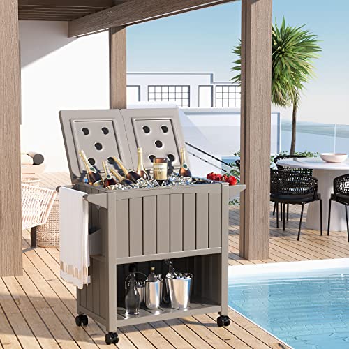 Greesum 85 Quart Rolling Ice Chest Cooler Cart Outdoor Bar Drink Insulated Mobile Storage Cabinet