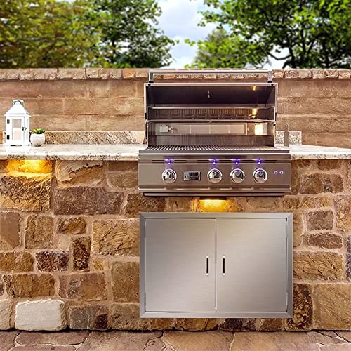 JOMWECL BBQ Access Door, 31W x 21H Inch Grill Double Door, 304 Brushed Stainless Steel Outdoor Kitchen Doors for BBQ Island Grilling Station