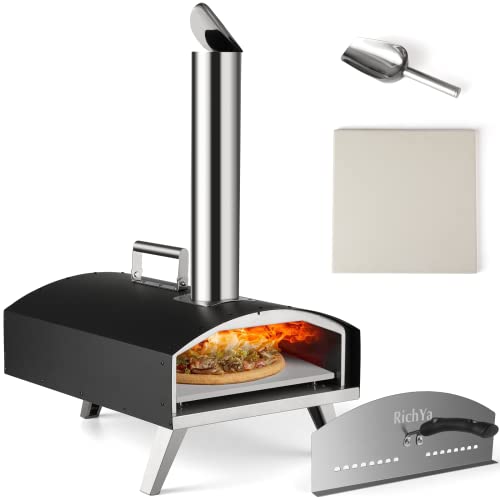 RichYa Pizza Oven PS-02 Outdoor Wood Pellet Pizza Oven with 12" Pizza Stone, Portable Stainless Steel Wood Fired Pizza Maker for Camping, Picnic, Party (Black)