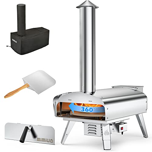 Mimiuo Wood Pellet Pizza Oven Stainless Outdoor Portable Steel Wood Fired Pizza Oven Kit with13" Pizza Stone, Foldable Pizza Peel and Automatic Rotation System (Tisserie W-Oven Series)