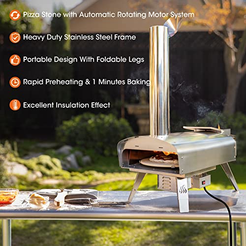 Mimiuo Wood Pellet Pizza Oven Stainless Outdoor Portable Steel Wood Fired Pizza Oven Kit with13" Pizza Stone, Foldable Pizza Peel and Automatic Rotation System (Tisserie W-Oven Series)