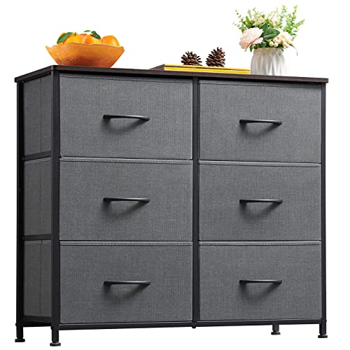 Somdot Dresser for Bedroom with 6 Drawers, 3-Tier Wide Storage Chest of Drawers with Removable Fabric Bins for Closet Nursery Bedside Living Room Laundry Entryway Hallway, Charcoal Grey/Dark Walnut