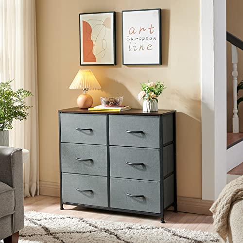 Somdot Dresser for Bedroom with 6 Drawers, 3-Tier Wide Storage Chest of Drawers with Removable Fabric Bins for Closet Nursery Bedside Living Room Laundry Entryway Hallway, Charcoal Grey/Dark Walnut