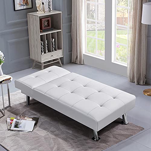 Topeakmart Faux Leather Upholstered Sofa Convertible Recline Sofa Bed for Living Room/Bedroom/Small Apartment Modern Couch Daybed with Chrome Metal Legs Comfortable Versatile Sofa,White