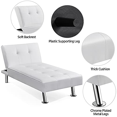 Topeakmart Faux Leather Upholstered Sofa Convertible Recline Sofa Bed for Living Room/Bedroom/Small Apartment Modern Couch Daybed with Chrome Metal Legs Comfortable Versatile Sofa,White