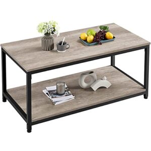 yaheetech 2-tier industrial wood coffee table, cocktail table center table with open storage shelf for living room, vintage accent furniture table with metal frame, easy assembly, gray