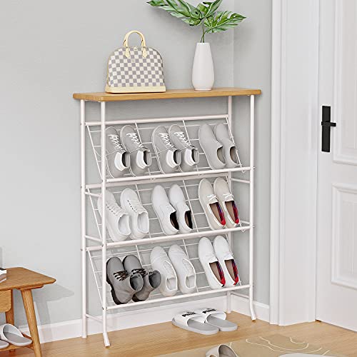 Shoe Rack Organizer, Sturdy 4 tier Narrow Shoe Storage Cabinet, Free Standing Shoe Racks with Wood Top, Space Saving Shoe Shelf, Large Shoe Rack for Entryway, Hallway, Garage(12-16 Pair)