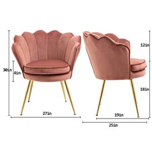 ZJhome Modern Accent Velvet Chairs Set of 2 Comfy Upholstered Vanity Chairs for Bedroom Shell-Shaped Armchair Dining Chairs with Golden Metal Legs Desk Chair Makeup Chairs for Living Room(Pink)