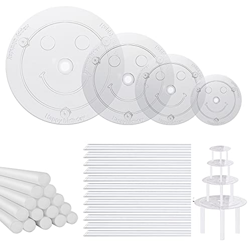 FashionClubs Plastic Cake Dowel Rods Set, 20pcs 9.4" White Cake Sticks Support Rods, 12pcs 7" Clear Cake Stacking Dowels, 4pcs Cake Separator Plates for Tiered Cakes 4, 6, 8, 10 Inch