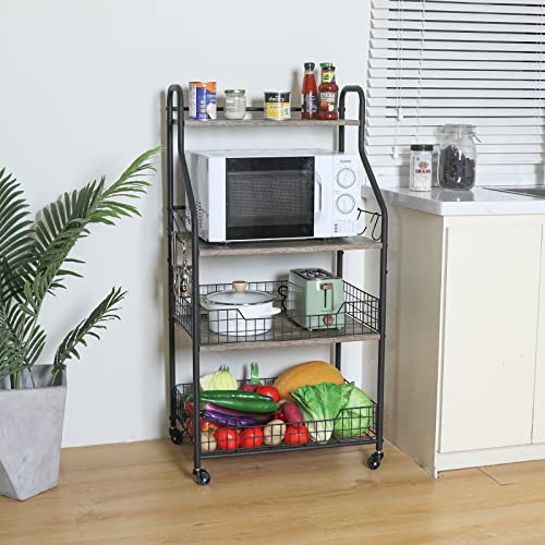 4 Tier Rolling Kitchen Bakers Rack with Storage 5 S Hooks, Kitchen Rolling Utility Cart with Shelves Wire Basket, Kitchen Serving Bar Cart, Microwave Oven Stand Fruit Vegetable Spice Organizer Rack