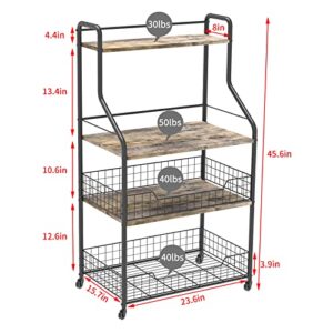 4 Tier Rolling Kitchen Bakers Rack with Storage 5 S Hooks, Kitchen Rolling Utility Cart with Shelves Wire Basket, Kitchen Serving Bar Cart, Microwave Oven Stand Fruit Vegetable Spice Organizer Rack