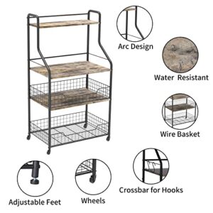 4 Tier Rolling Kitchen Bakers Rack with Storage 5 S Hooks, Kitchen Rolling Utility Cart with Shelves Wire Basket, Kitchen Serving Bar Cart, Microwave Oven Stand Fruit Vegetable Spice Organizer Rack