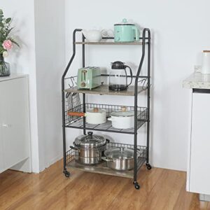 4 Tier Rolling Kitchen Bakers Rack with Storage 5 S Hooks, Kitchen Rolling Utility Cart with Shelves Wire Basket, Kitchen Serving Bar Cart, Microwave Oven Stand Fruit Vegetable Spice Organizer Rack