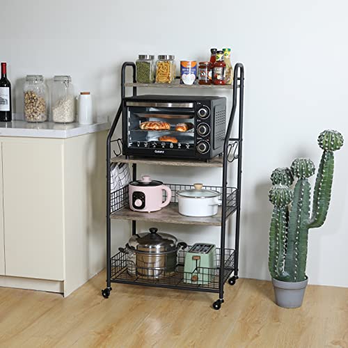 4 Tier Rolling Kitchen Bakers Rack with Storage 5 S Hooks, Kitchen Rolling Utility Cart with Shelves Wire Basket, Kitchen Serving Bar Cart, Microwave Oven Stand Fruit Vegetable Spice Organizer Rack