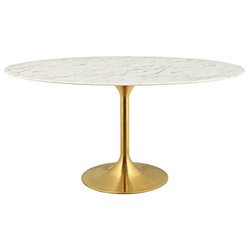 Hawthorne Collections Mid-Century 60" Oval Faux Marble Top Pedestal Dining Table in Gold