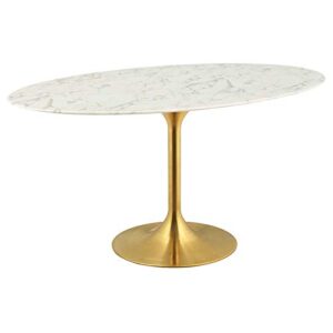 Hawthorne Collections Mid-Century 60" Oval Faux Marble Top Pedestal Dining Table in Gold