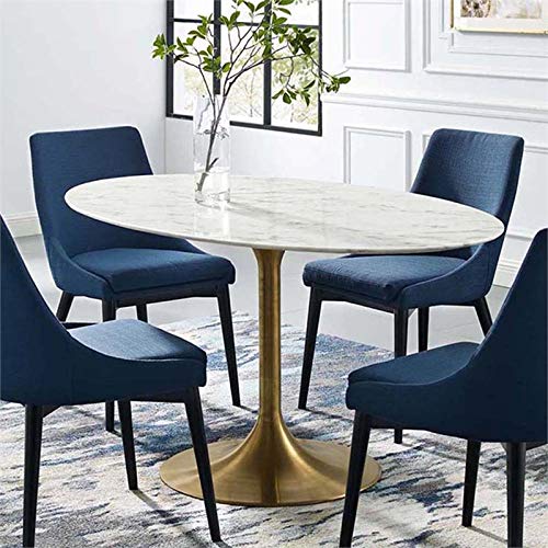 Hawthorne Collections Mid-Century 60" Oval Faux Marble Top Pedestal Dining Table in Gold