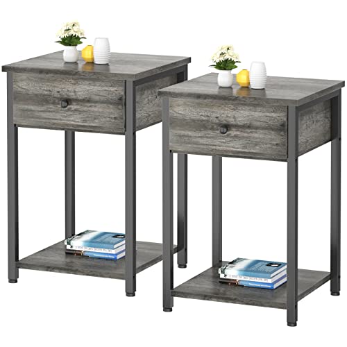 Ecoprsio Nightstand Set of 2 Modern End Table Side Table with Drawer and Storage Shelf Wood Night Stand Grey Bedside Table for Bedroom, Living Room, Sofa Couch, Hall, Easy Assembly, Grey