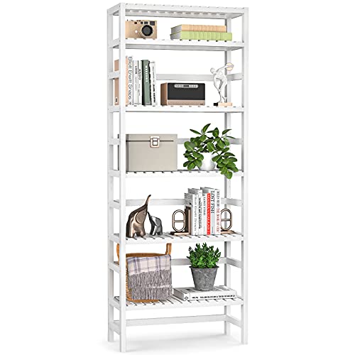 Homykic Bookshelf, 6-Tier Bamboo Adjustable 63.4” Tall Bookcase Book Shelf Organizer Free Standing Storage Shelving Unit for Living Room, Kitchen, Bedroom, Bathroom, Office, Rust Resistance, White