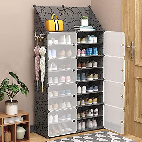 Jomifin Shoe Rack Storage Cabinet with Doors, Key Holder, Portable Shoes Organizer, Expandable Standing Rack, Storage 32-64 Pairs Shoes, Boots, Slippers (2x8 tier) (Black)