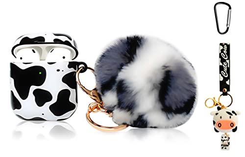 Redx1 Cow Airpod Case with Pompom and Strap Keychain Compatible with AirPods 2/1,Airpods Protective Hard Case Cover, Airpod Case for Women Girls Teen (Cow Print)