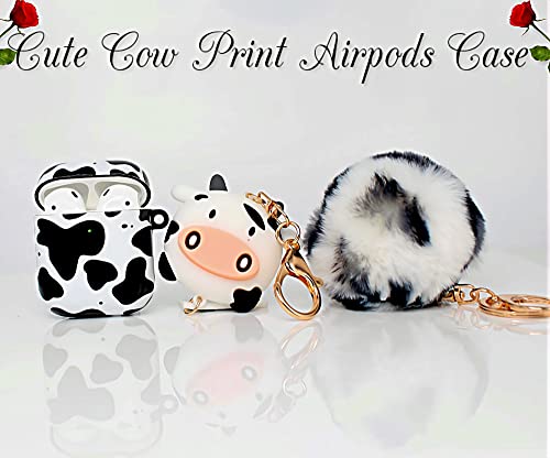 Redx1 Cow Airpod Case with Pompom and Strap Keychain Compatible with AirPods 2/1,Airpods Protective Hard Case Cover, Airpod Case for Women Girls Teen (Cow Print)