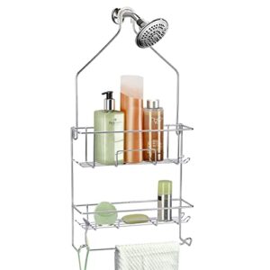 shower caddy over shower head hanging shower organizer rust proof with 10 razor hooks bathroom shampoo holder with towel rack shower storage shelf-chrome-stainless steel