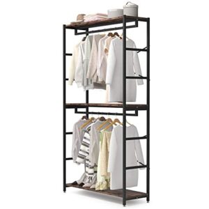 Tribesigns Free-standing Closet Organizer with 3 Storage Shelves and 2 Hanging Rod, Large Standing Clothes Garment Rack for Bedroom Living Room (Brown)