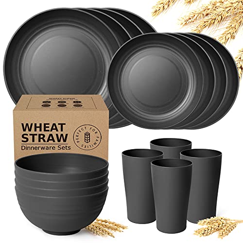 Teivio 16-Piece Kitchen Plastic Wheat Straw Dinnerware Set, Service for 4, Dinner Plates, Dessert Plate, Cereal Bowls, Cups, Unbreakable Plastic Outdoor Camping Dishes, Black