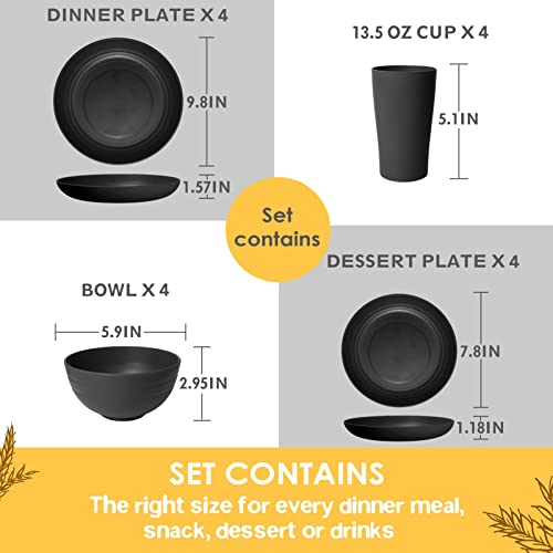 Teivio 16-Piece Kitchen Plastic Wheat Straw Dinnerware Set, Service for 4, Dinner Plates, Dessert Plate, Cereal Bowls, Cups, Unbreakable Plastic Outdoor Camping Dishes, Black