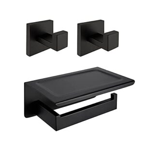 nolimas matte black bathroom hardware set 3 pieces sus304 stainless steel square wall mounted set including robe towel hooks,toilet paper holder with shelf, bathroom accessories kit