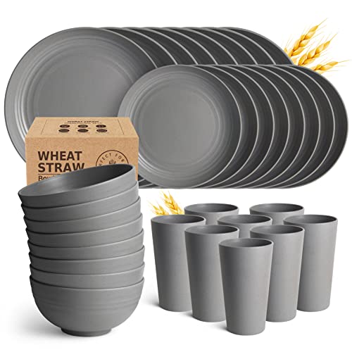 Teivio 32-Piece Kitchen Plastic Wheat Straw Dinnerware Sets, Service for 8, Dinner Plates, Dessert Plate, Cereal Bowls, Cups, Unbreakable Plastic Outdoor Camping Dishes, Grey