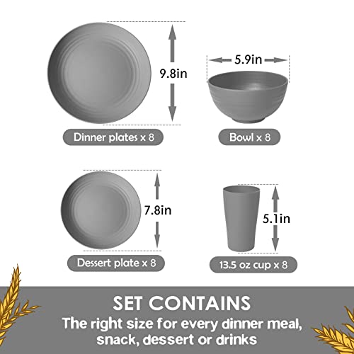 Teivio 32-Piece Kitchen Plastic Wheat Straw Dinnerware Sets, Service for 8, Dinner Plates, Dessert Plate, Cereal Bowls, Cups, Unbreakable Plastic Outdoor Camping Dishes, Grey