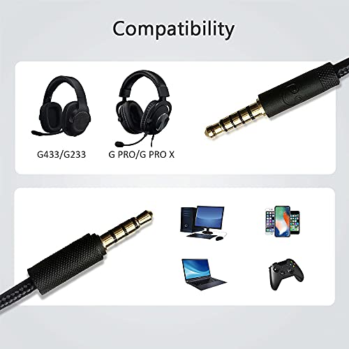 MQDITH Replacement Audio Aux Cord Cable Compatible with Logitech Wired G Pro/G Pro X/G433/G233 Gaming Headset, G433 Cable Aux Cord Replacement with Inline Mic and Volume Control(6.5FT/2Meter, Black)