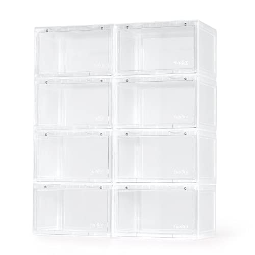 SupBro Collection Crate - Easy Access Storage Shoes Box -Plastic Foldable Stackable Sneaker Display Storage with Clear Side Open Door Organizer-8 Pack(Transparent)