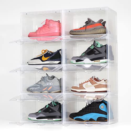 SupBro Collection Crate - Easy Access Storage Shoes Box -Plastic Foldable Stackable Sneaker Display Storage with Clear Side Open Door Organizer-8 Pack(Transparent)